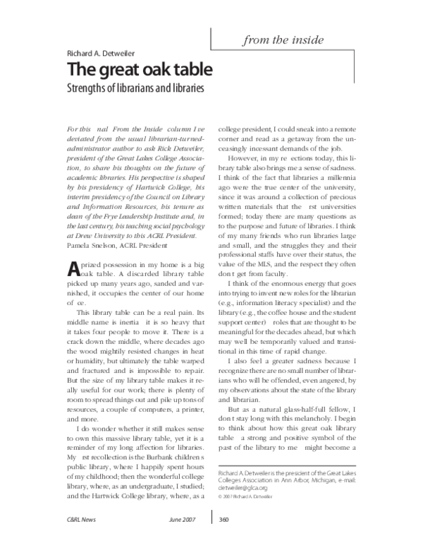 (PDF) The great oak table: Strengths of librarians and libraries