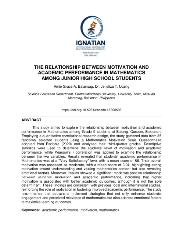 (PDF) THE RELATIONSHIP BETWEEN MOTIVATION AND ACADEMIC PERFORMANCE IN MATHEMATICS AMONG JUNIOR ...