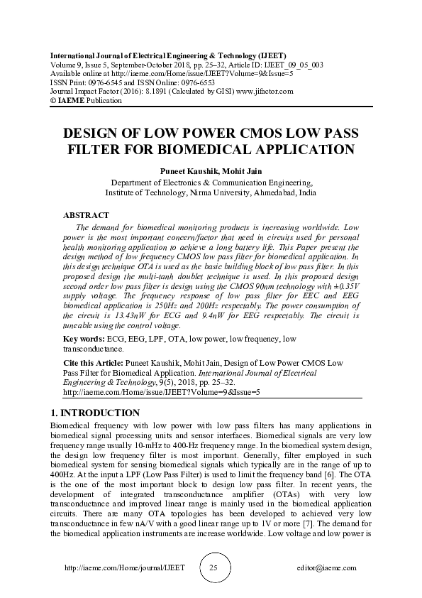 (PDF) DESIGN OF LOW POWER CMOS LOW PASS FILTER FOR BIOMEDICAL APPLICATION