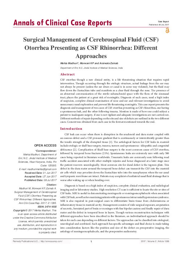 (PDF) Surgical Management of Cerebrospinal Fluid (CSF) Otorrhea ...