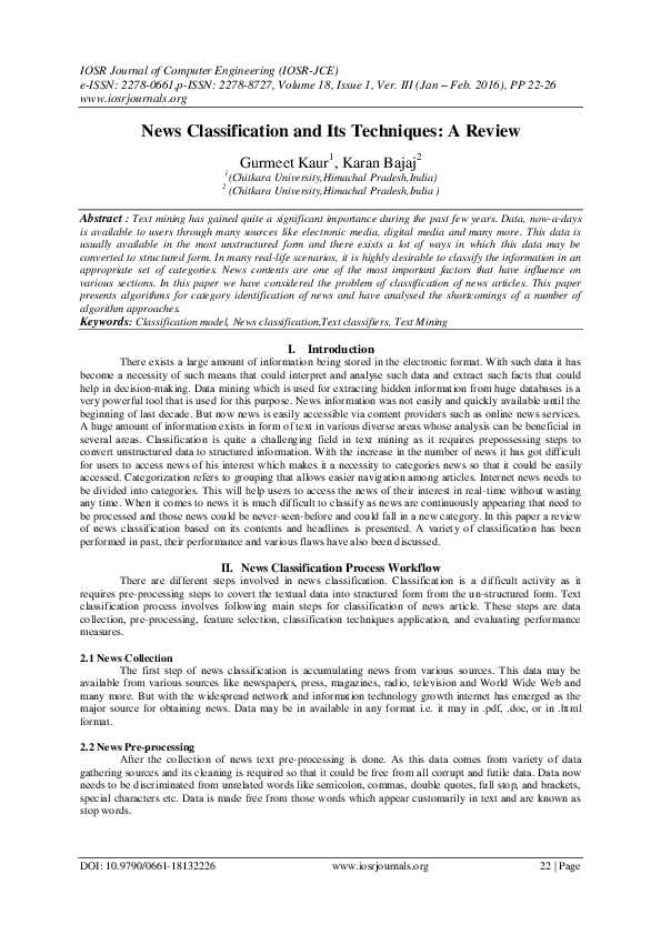 (PDF) News Classification and Its Techniques: A Review