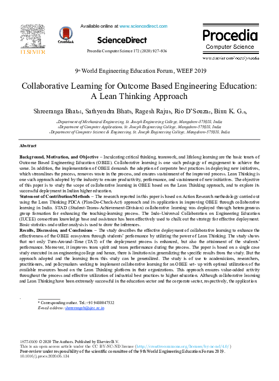(PDF) Collaborative Learning for Outcome Based Engineering Education: A Lean Thinking Approach