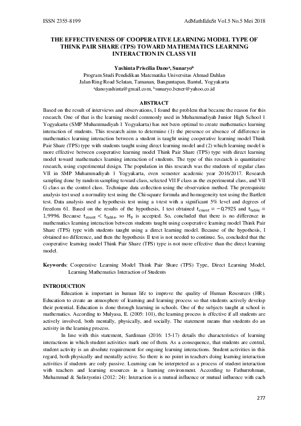 (PDF) The Effectiveness of Cooperative Learning Model Type of Think Pair Share (TPS) Toward ...
