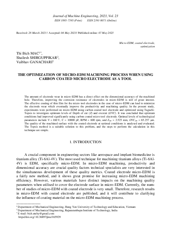 (PDF) The Optimization of Micro-Edm Machining Process when Using Carbon ...