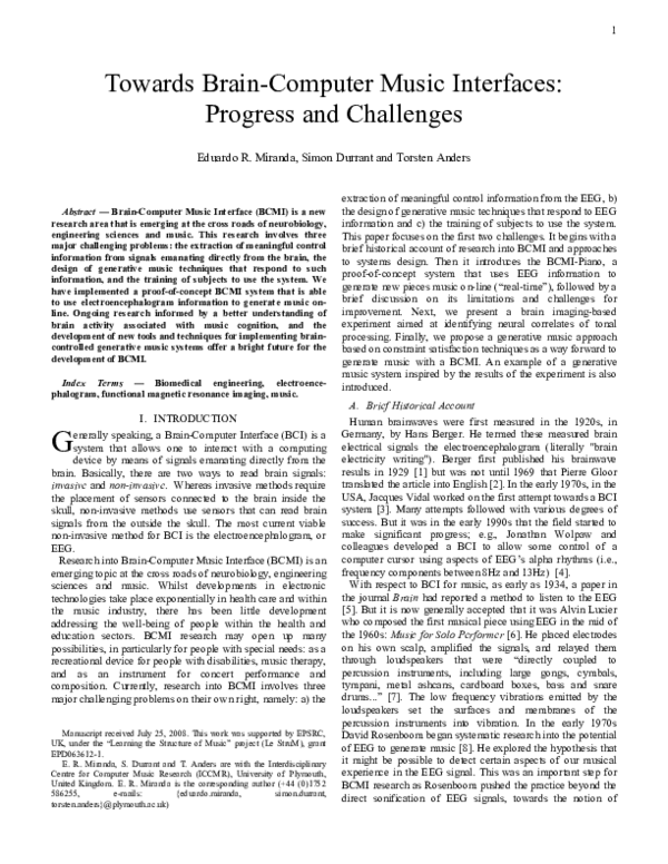 (PDF) Towards Brain-Computer Music Interfaces: Progress and challenges