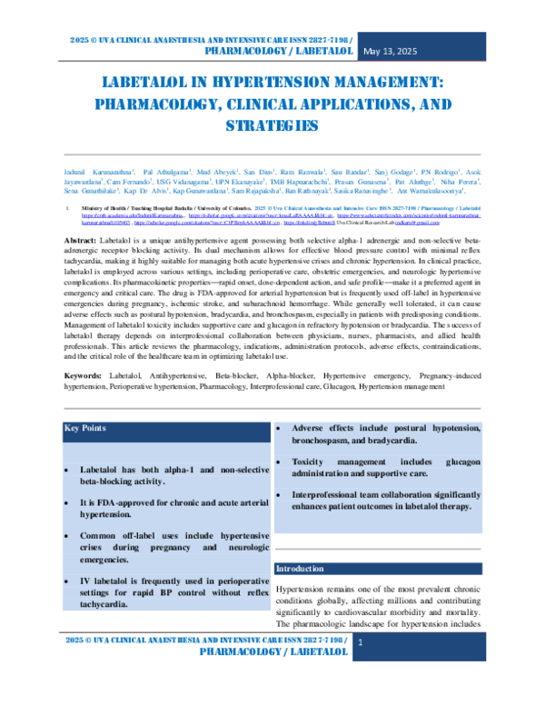 (PDF) Labetalol in Hypertension Management Pharmacology, Clinical ...