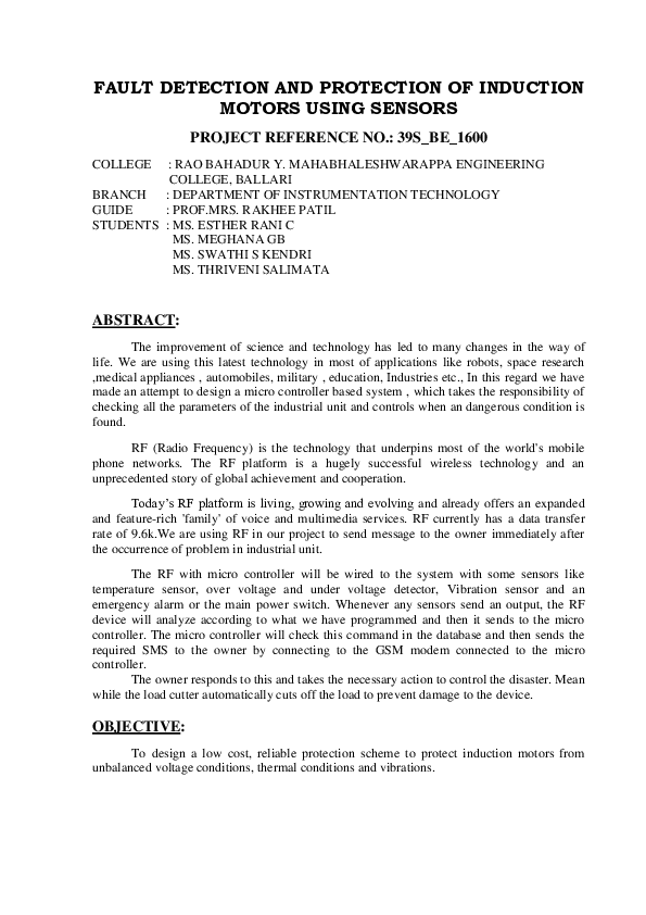(PDF) Fault Detection and Protection of Induction Motors Using Sensors