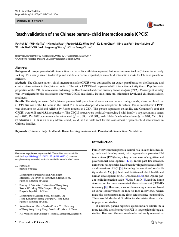 (PDF) Rasch validation of the Chinese parent–child interaction scale ...