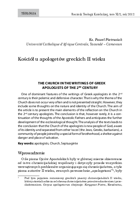 (PDF) Kościół u apologetów greckich II wieku