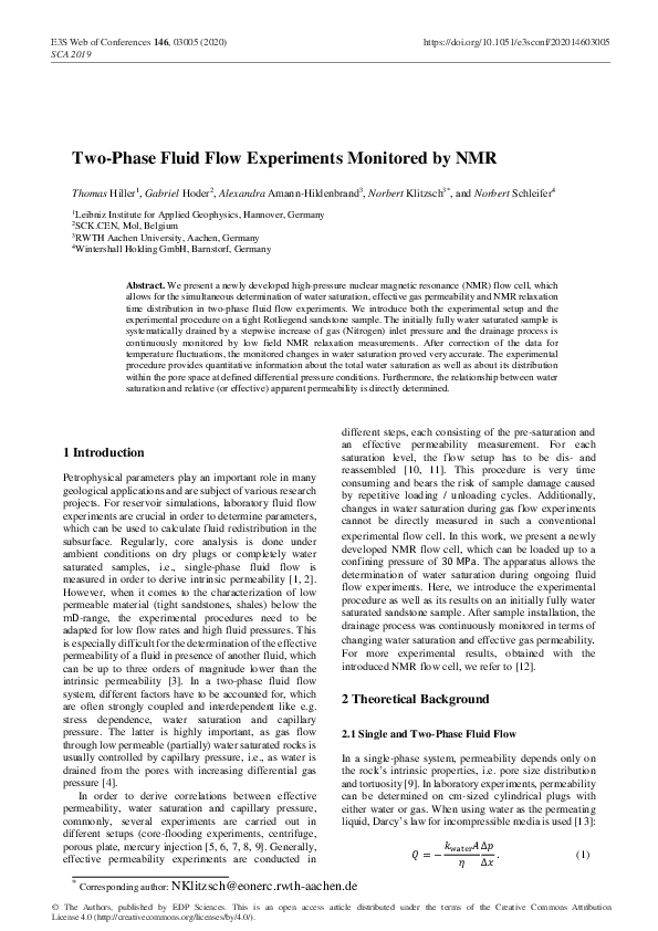 (PDF) Two-Phase Fluid Flow Experiments Monitored by NMR