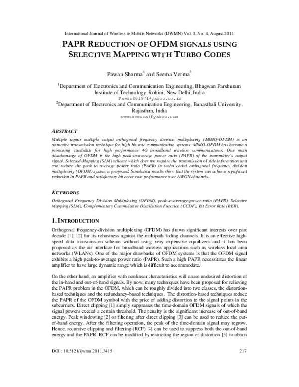 (PDF) Paper Reduction of OFDM Signals Using Selective Mapping With TURBO Codes