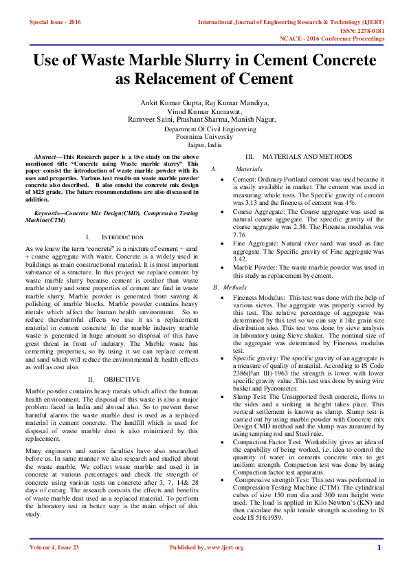 (PDF) Use of Waste Marble Slurry in Cement Concrete as Relacement of Cement