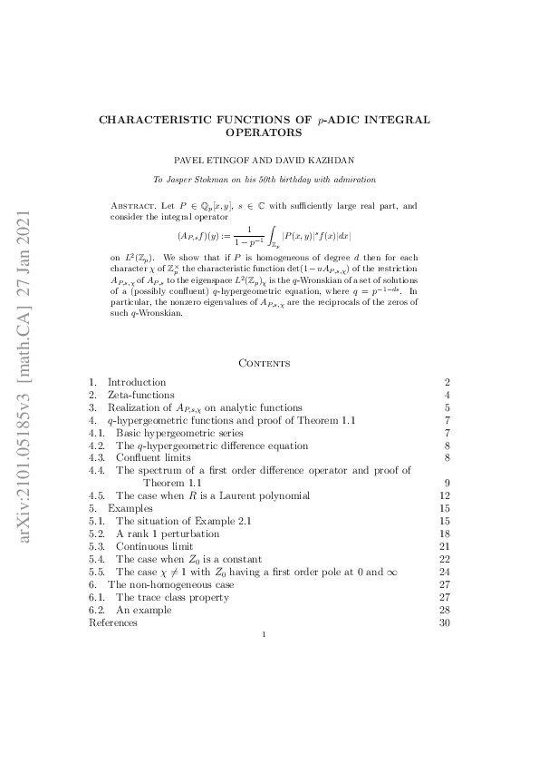 (PDF) Characteristic functions of $p$-adic integral operators