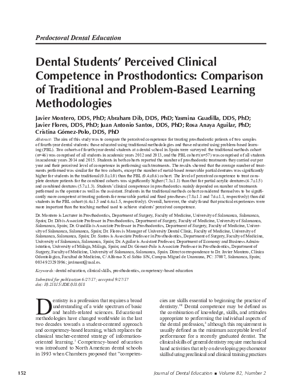 (PDF) Dental Students' Perceived Clinical Competence in Prosthodontics ...
