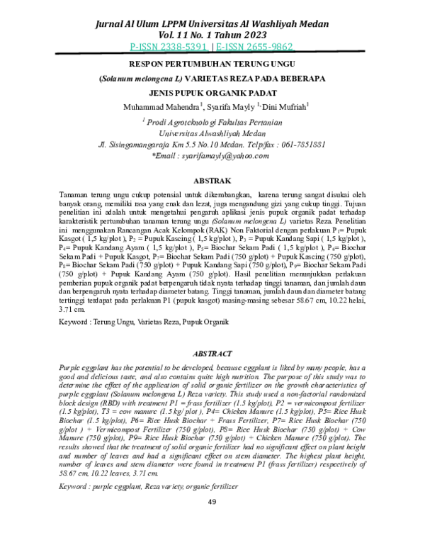 (PDF) RESPON PERTUMBUHAN DAN PRODUKSI TERUNG UNGU (Solanum melongena L ...