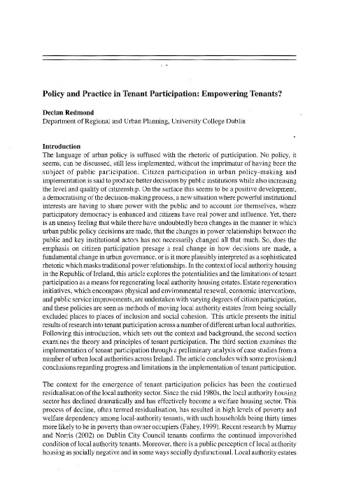 (PDF) Policy and practice in tenant participation: empowering tenants?