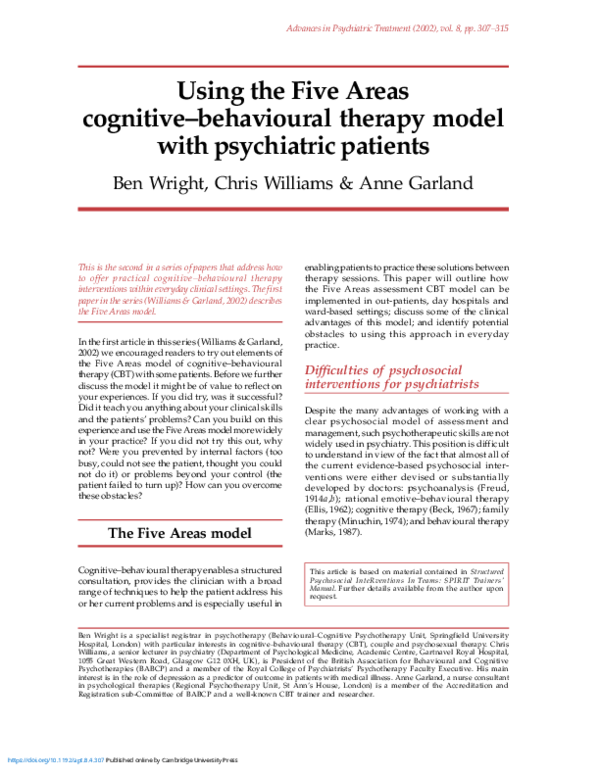 (PDF) Using the Five Areas cognitive–behavioural therapy model with ...