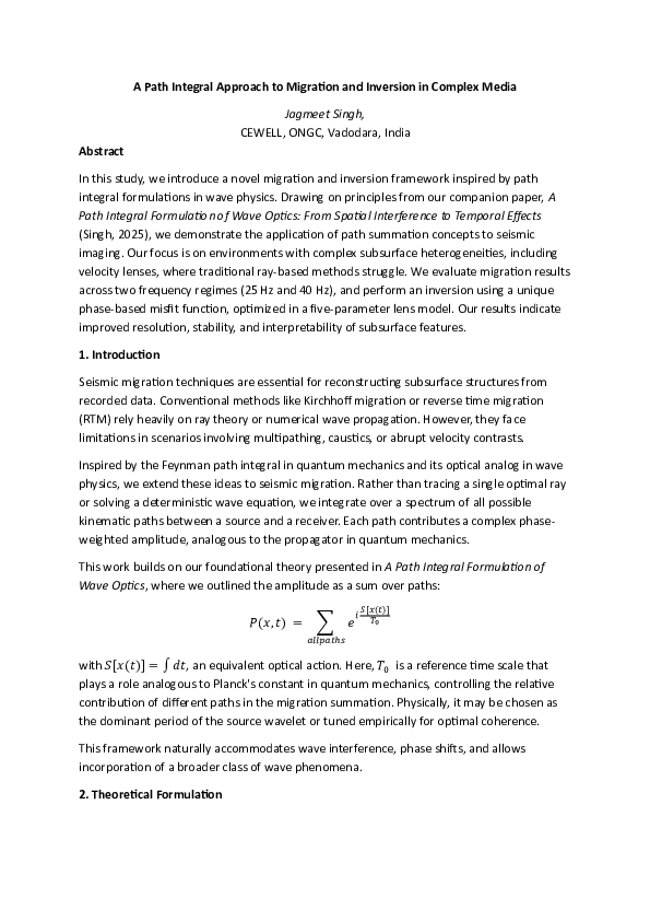 (PDF) A Path Integral Approach to Migration and Inversion in Complex Media
