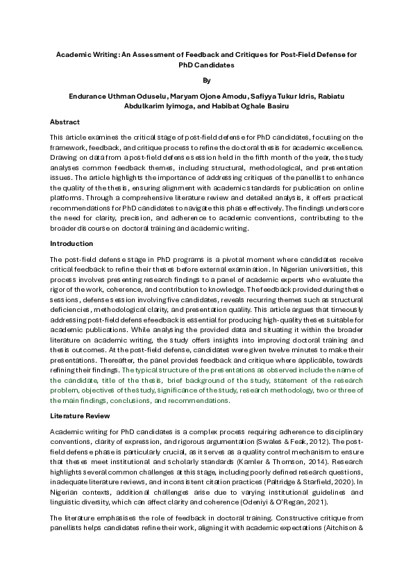 (PDF) Academic Writing: An Assessment of Feedback and Critiques for Post-Field Defense for PhD ...