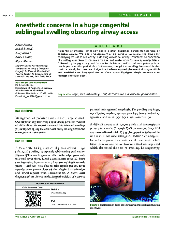 (PDF) Anesthetic concerns in a huge congenital sublingual swelling ...