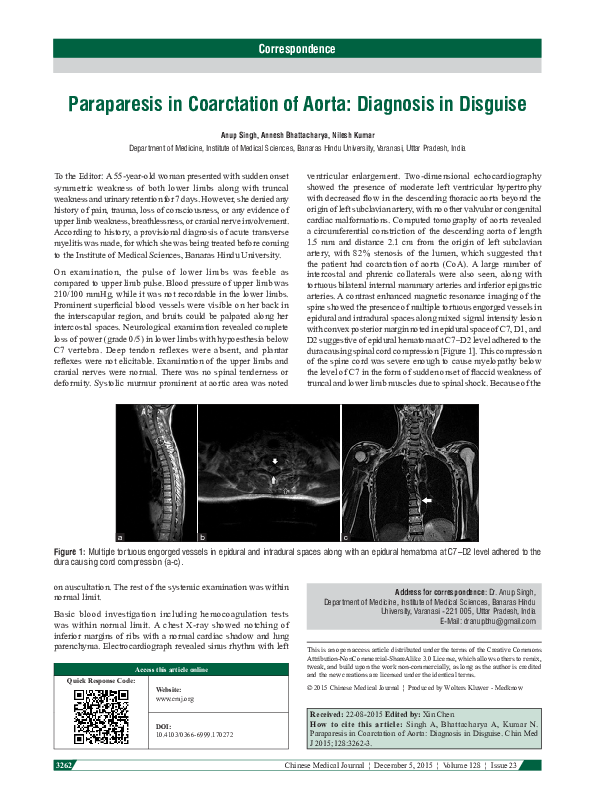 (PDF) Paraparesis in Coarctation of Aorta