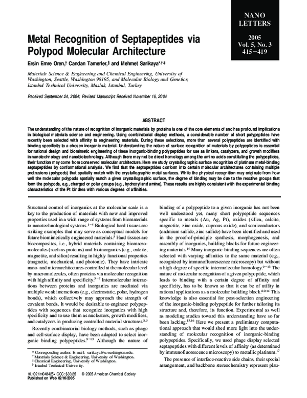 (PDF) Metal Recognition of Septapeptides via Polypod Molecular Architecture