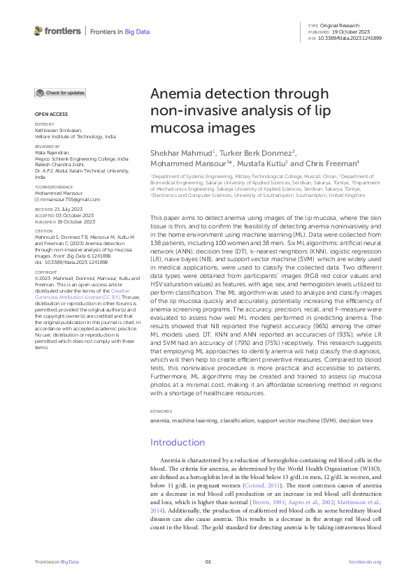 (PDF) Anemia detection through non-invasive analysis of lip mucosa images