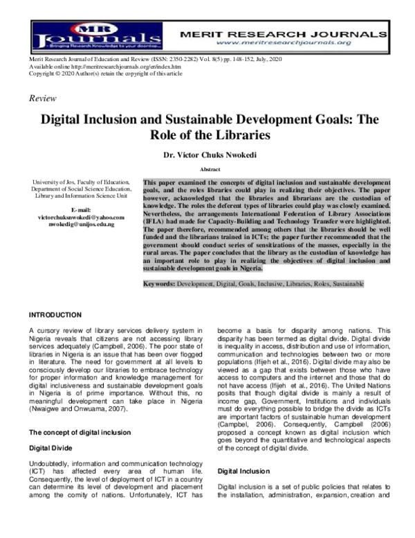 (PDF) Digital Inclusion and Sustainable Development Goals: The Role of the Libraries