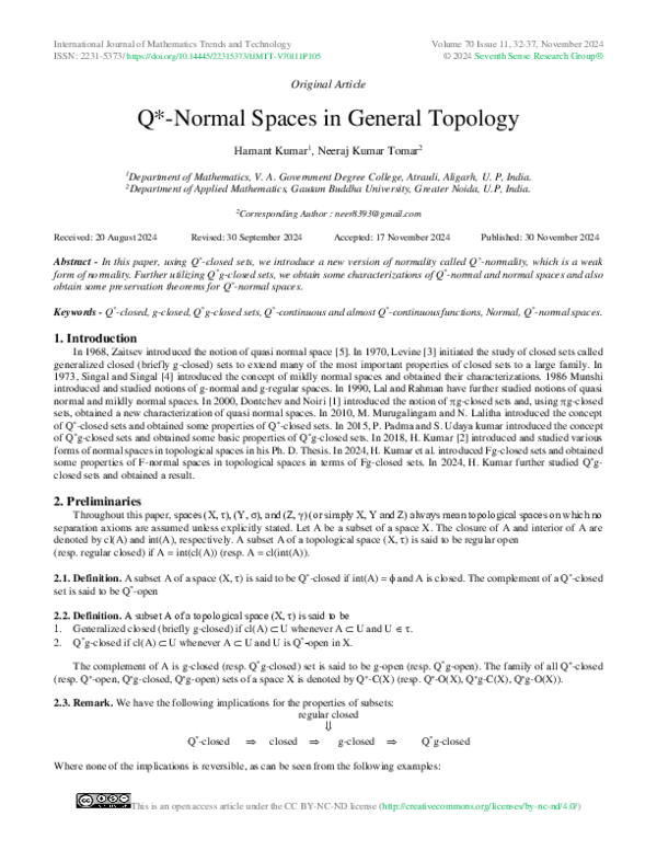 (PDF) Q*-Normal Spaces in General Topology