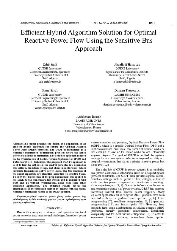 (PDF) Efficient Hybrid Algorithm Solution for Optimal Reactive Power Flow Using the Sensitive ...