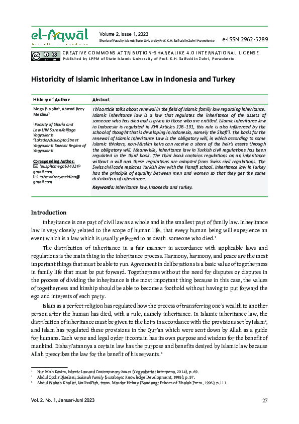 (PDF) Historicity of Islamic Inheritance Law in Indonesia and Turkey
