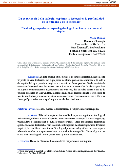 (PDF) La experiencia de la teología: explorar lo teologal en la profundidad de lo humano y de la ...