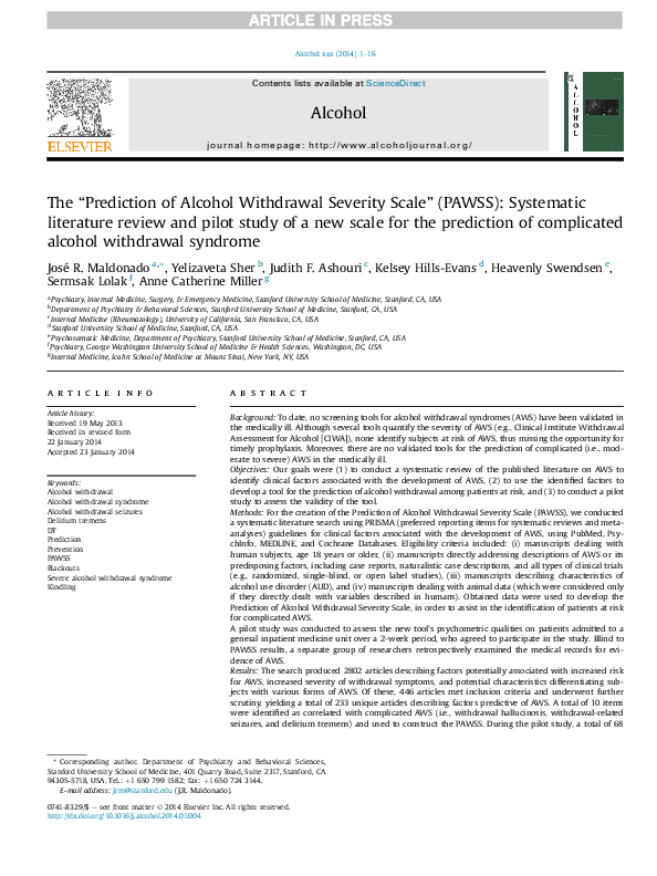 (PDF) The "Prediction of Alcohol Withdrawal Severity Scale" (PAWSS ...