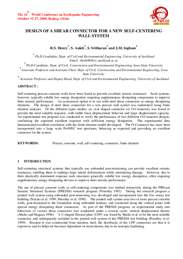 (PDF) Design of a Shear Connector for a New Self-Centering Wall System
