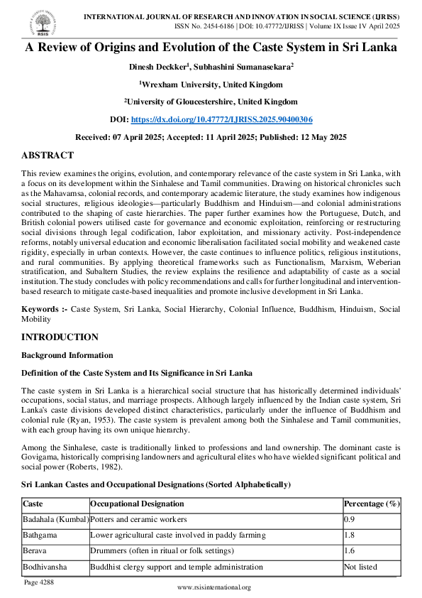 (PDF) A Review of Origins and Evolution of the Caste System in Sri Lanka