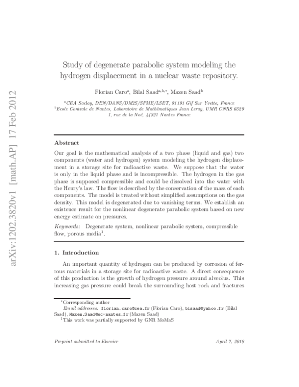 (PDF) Study of degenerate parabolic system modeling the hydrogen ...