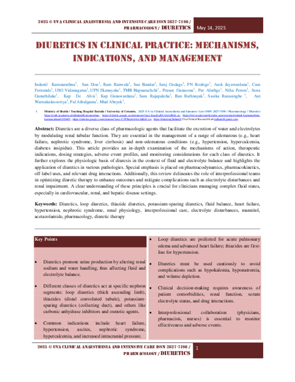 (PDF) Diuretics in Clinical Practice: Mechanisms, Indications, and ...