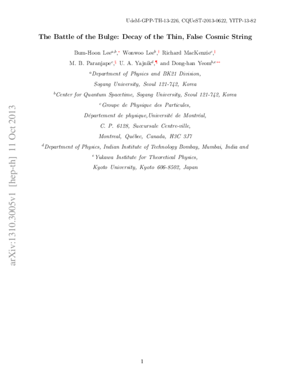 (PDF) Battle of the bulge: Decay of the thin, false cosmic string