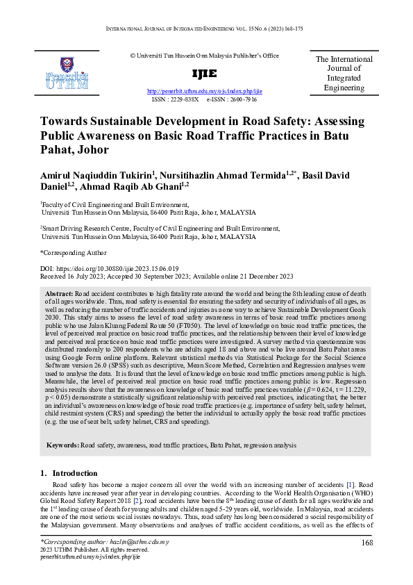 (PDF) Towards Sustainable Development in Road Safety: Assessing Public Awareness on Basic Road ...