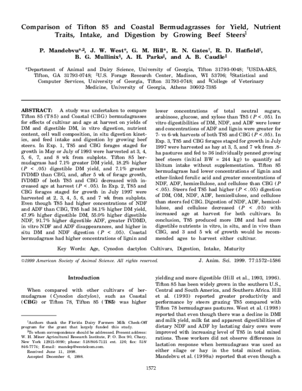 (PDF) Comparison of Tifton 85 and Coastal bermudagrasses for yield ...