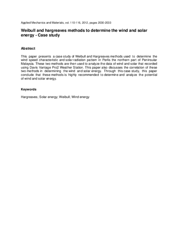 (PDF) Weibull and Hargreaves Methods to Determine the Wind and Solar Energy – Case Study