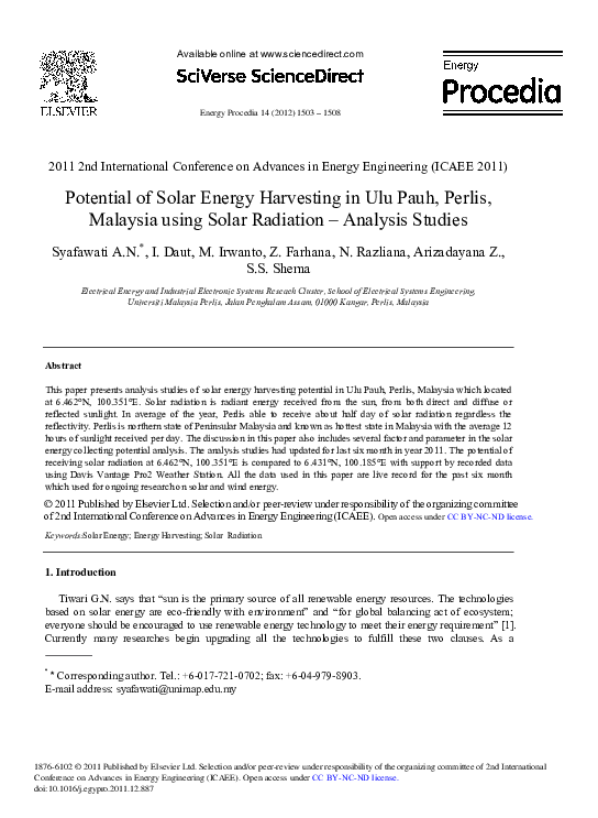 (PDF) Potential of Solar Energy Harvesting in Ulu Pauh, Perlis ...