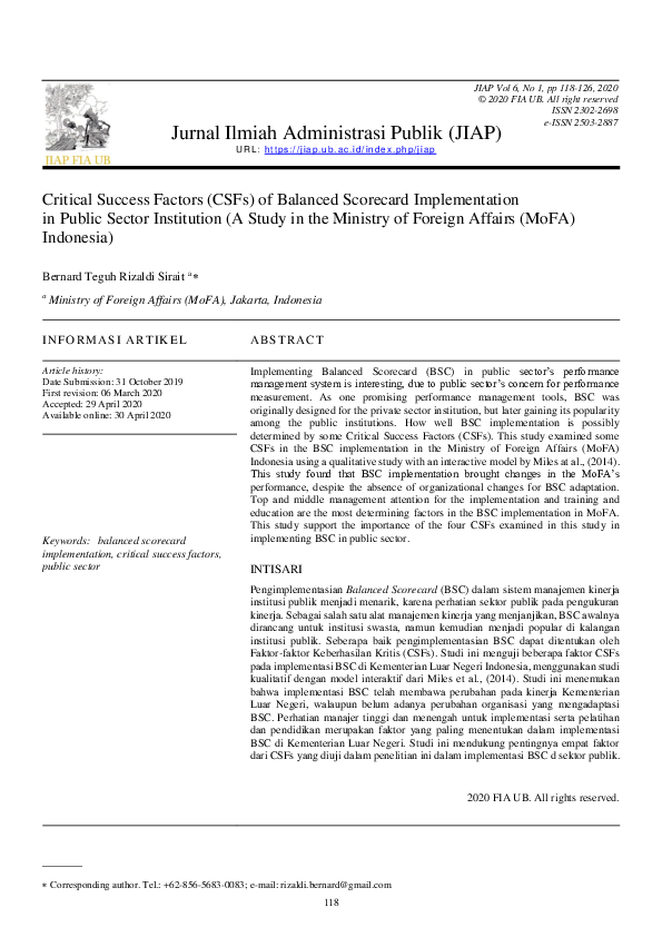 (PDF) Critical Success Factors (CSFs) of Balanced Scorecard Implementation in Public Sector ...