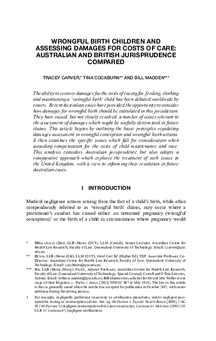 (PDF) Wrongful Birth Children and Assessing Damages for Costs of Care ...