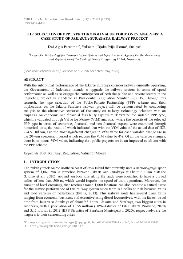 (PDF) The Selection of PPP Type Through Value for Money Analysis: A ...