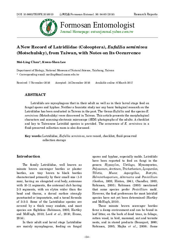 (PDF) A New Record of Latridiidae (Coleoptera), Eufallia seminivea ...