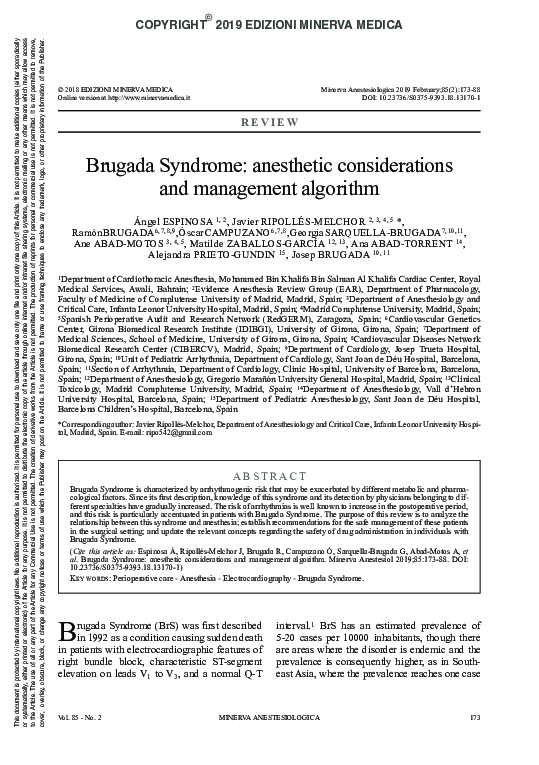 (PDF) Brugada Syndrome: anesthetic considerations and management algorithm