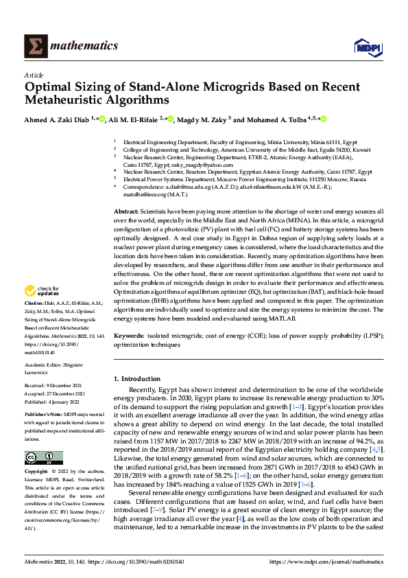 (PDF) Optimal Sizing of Stand-Alone Microgrids Based on Recent Metaheuristic Algorithms