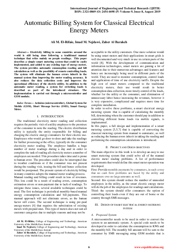 (PDF) Automatic Billing System for Classical Electrical Energy Meters
