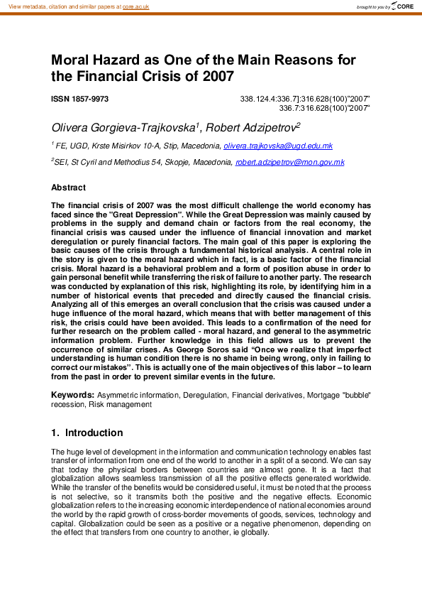 (PDF) Мoral Hazard as One of the Main Reasons for the Financial Crisis ...
